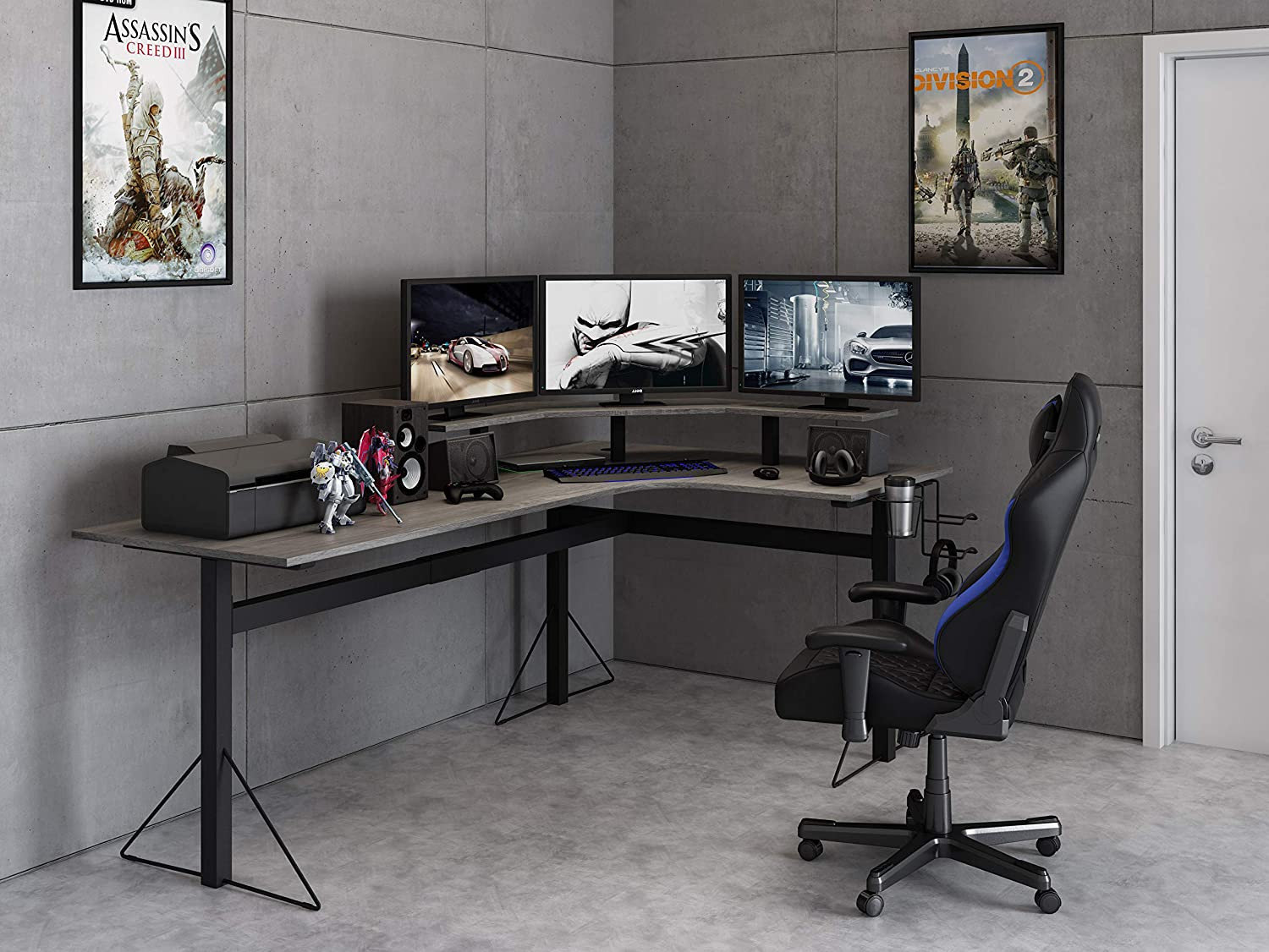 Sleek Modern L-Desk, Elevated Monitor Stand, Charging Station, Gray ...