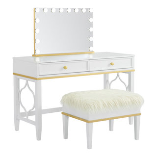 Emma Vanity With Mirror and Stool, White and Gold - Contemporary ...