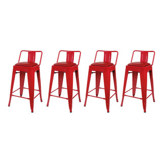 Lowback Red Metal Bar Stools, Red Vegan Leather Seat, Set of 4 ...