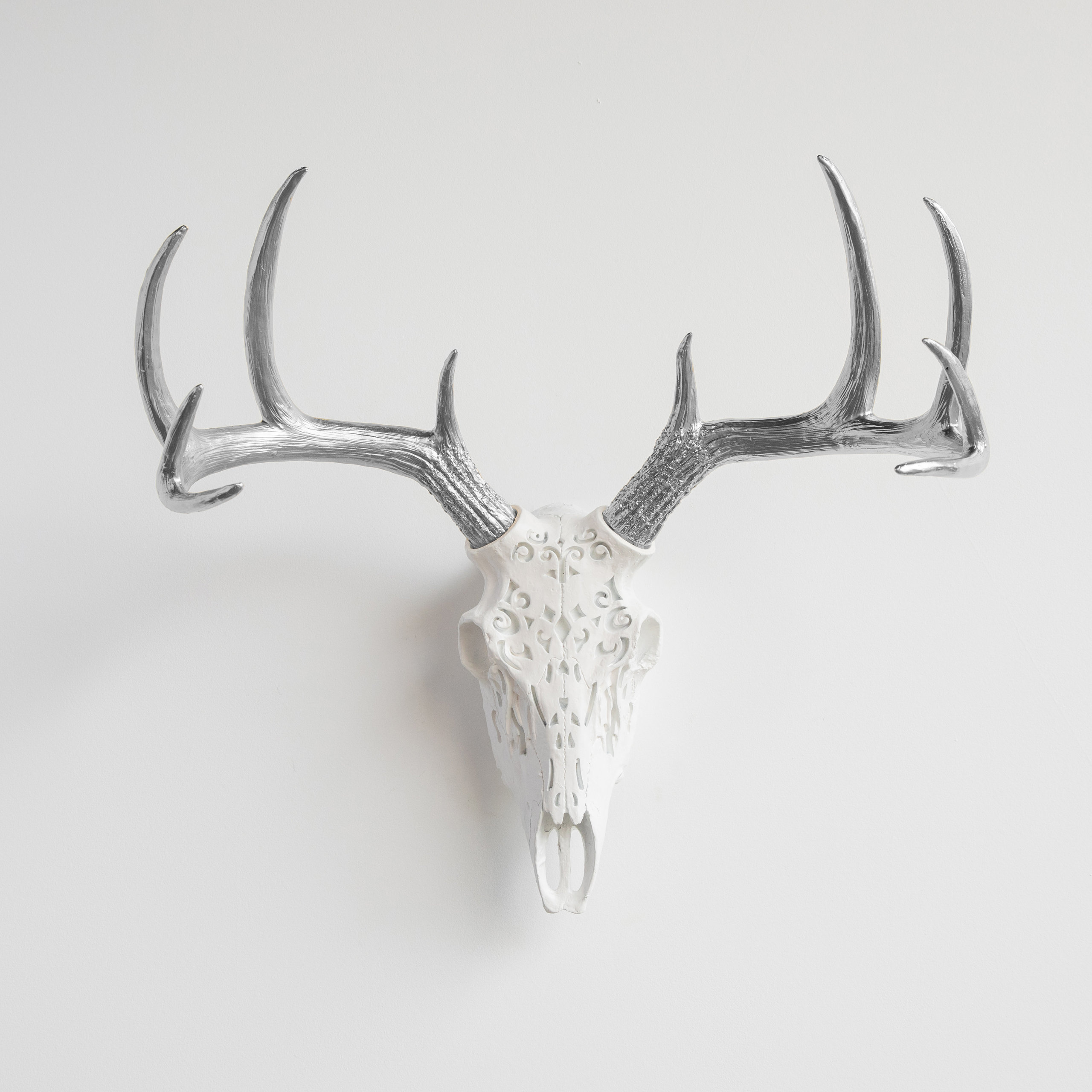 Faux Deer Skull Native American Carving Wall Decor, White and Silver ...