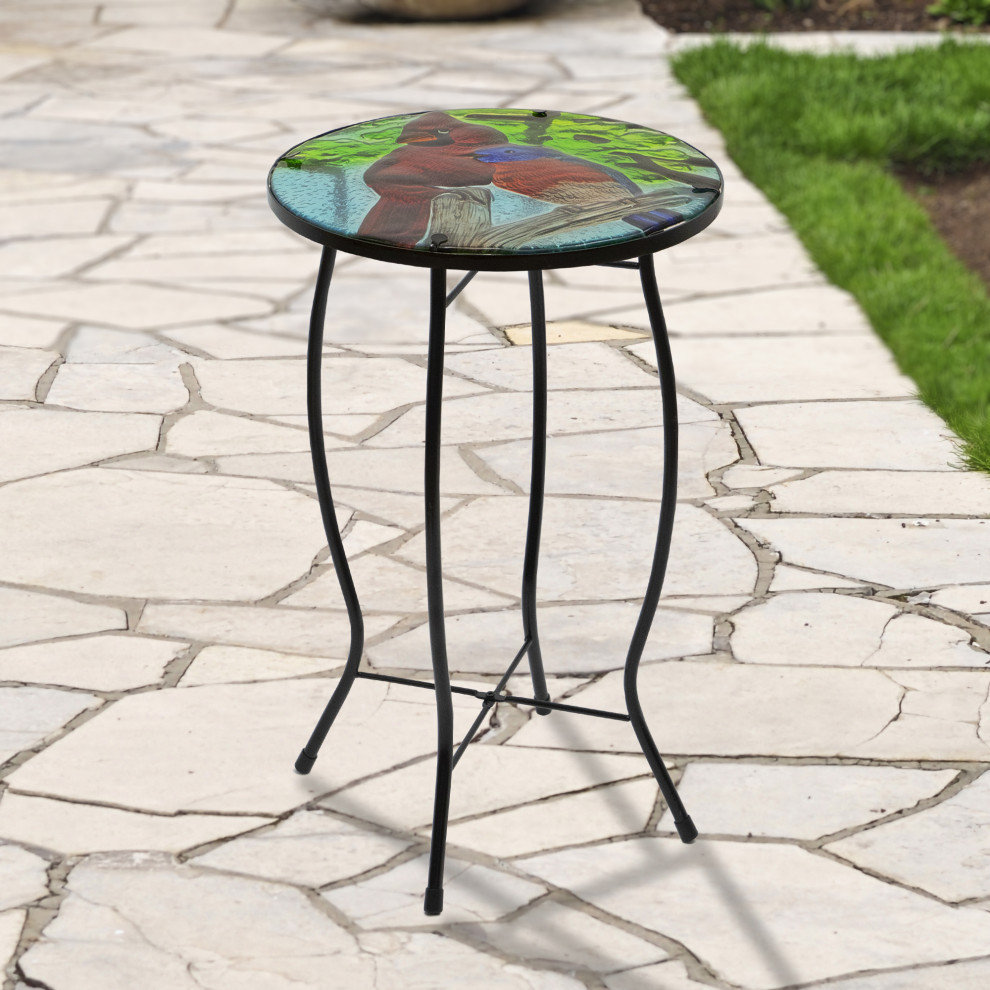 19" Blue and Red Cardinal Glass Patio Side Table - Tropical - Outdoor ...