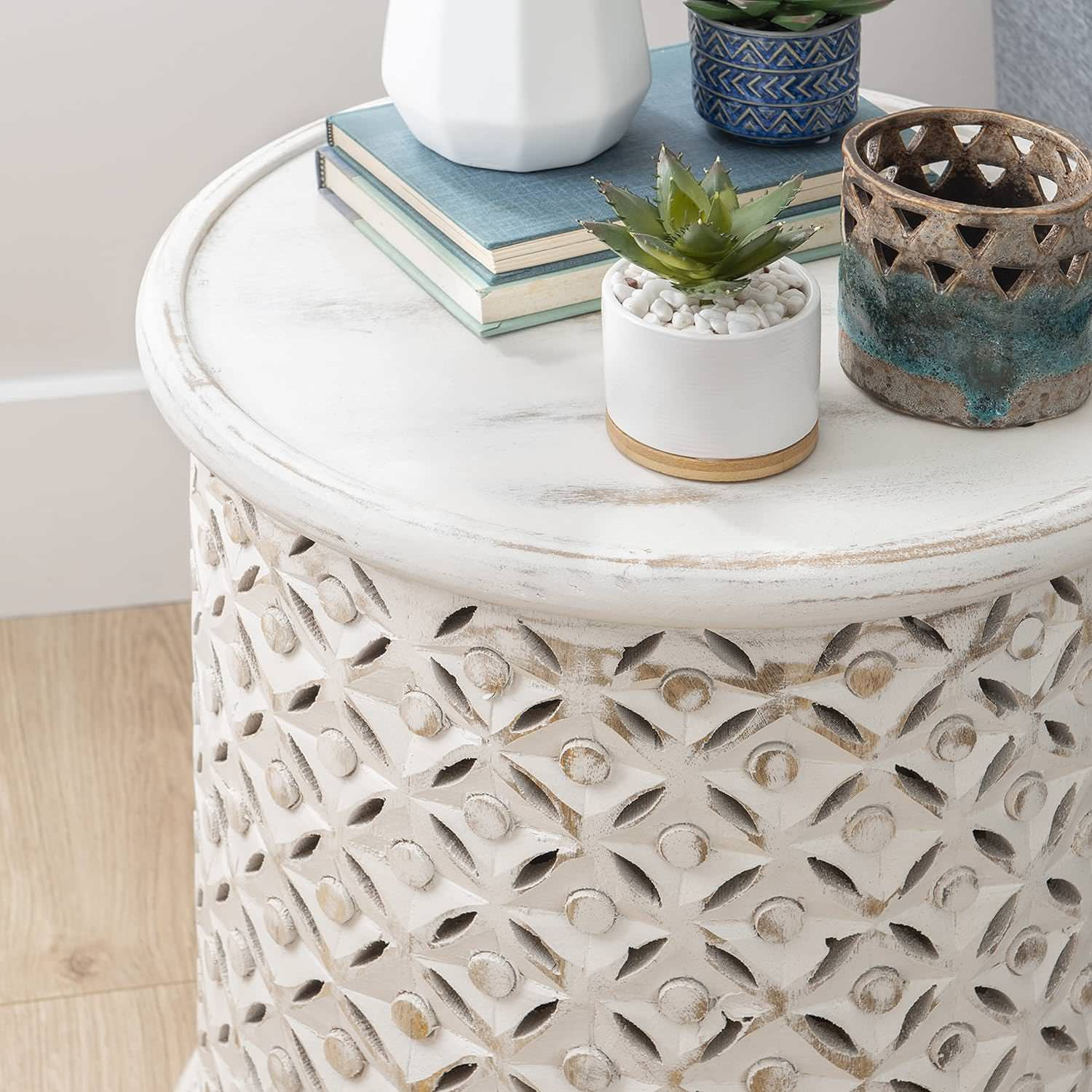 Round Side Table, Mango Wood Construction With Lattice Pattern ...