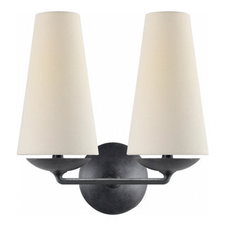 Fontaine Double Wall Sconce, 2-Light, Aged Iron, Linen Shade, 14.25"H ...