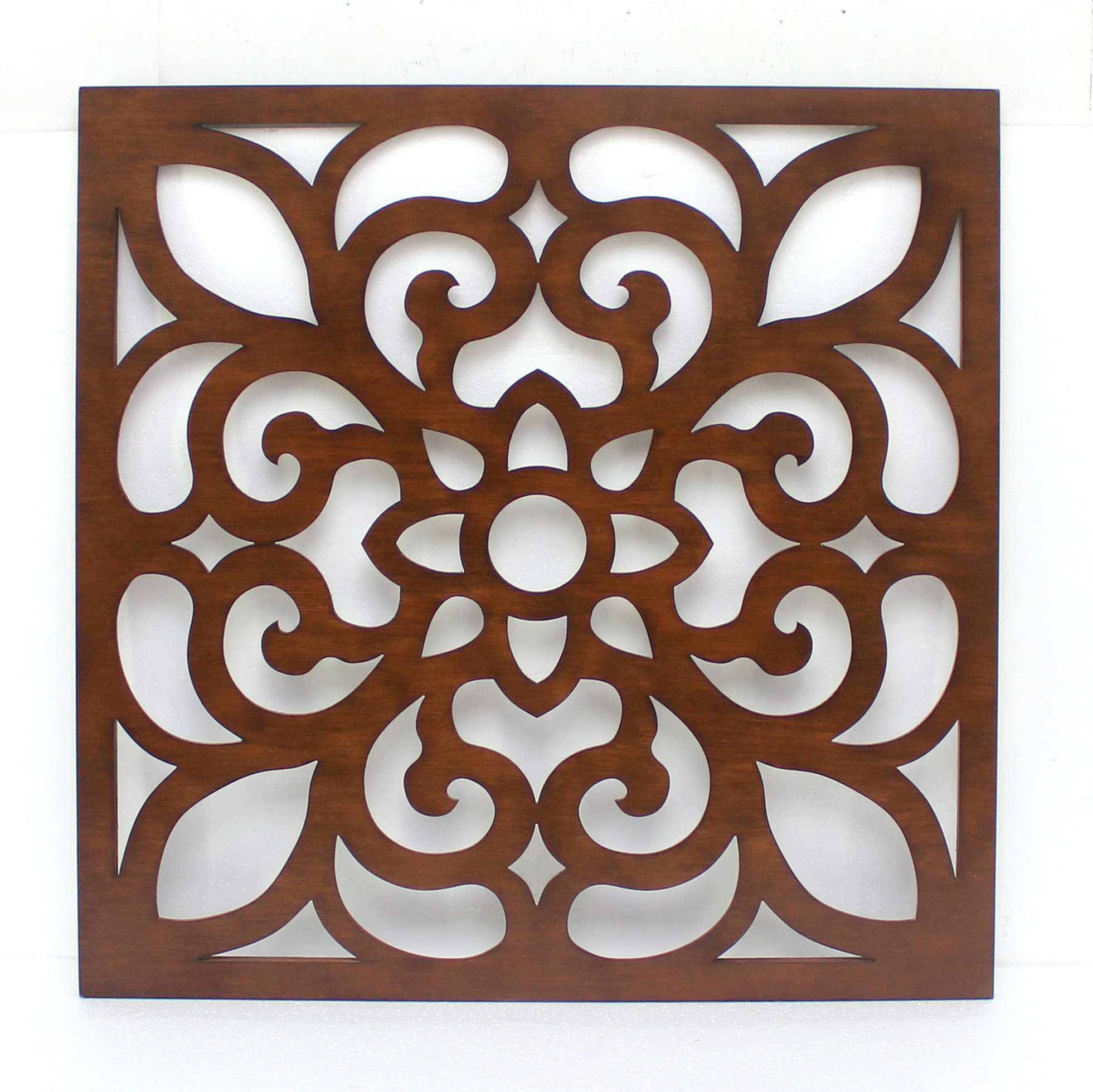 Square Shape Wooden Wall Decor with Floral Sculpture Pattern, Brown ...
