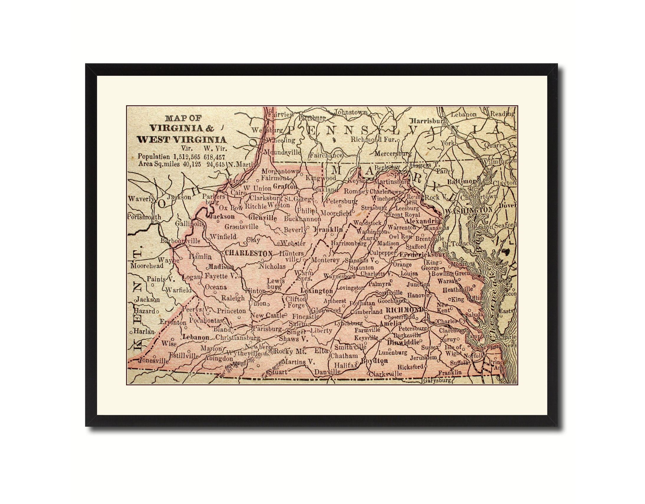 Virginia West Virginia Vintage Antique Map Wall Art, 28"x37 ...