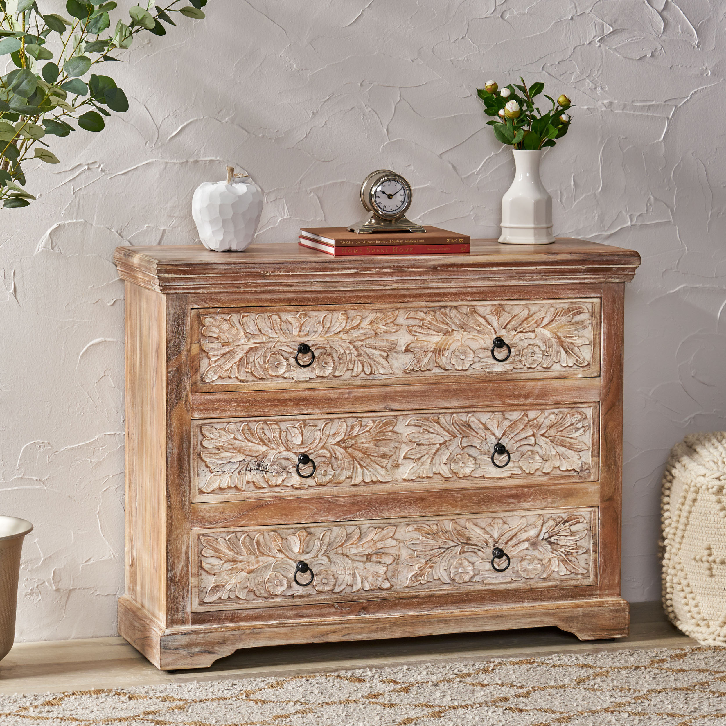 Picardy Boho Handcrafted Acacia Wood 3 Drawer Chest, Natural and White ...