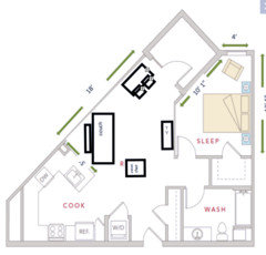 Triangle shaped apartment (700 sqft) layout - HELP!!