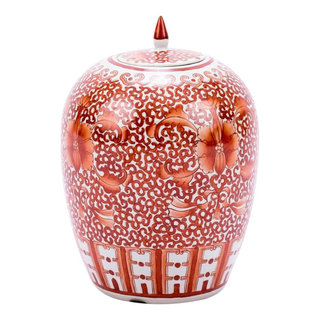 Traditional Coral Red Lotus Ginger Jar - Asian - Decorative Jars And ...