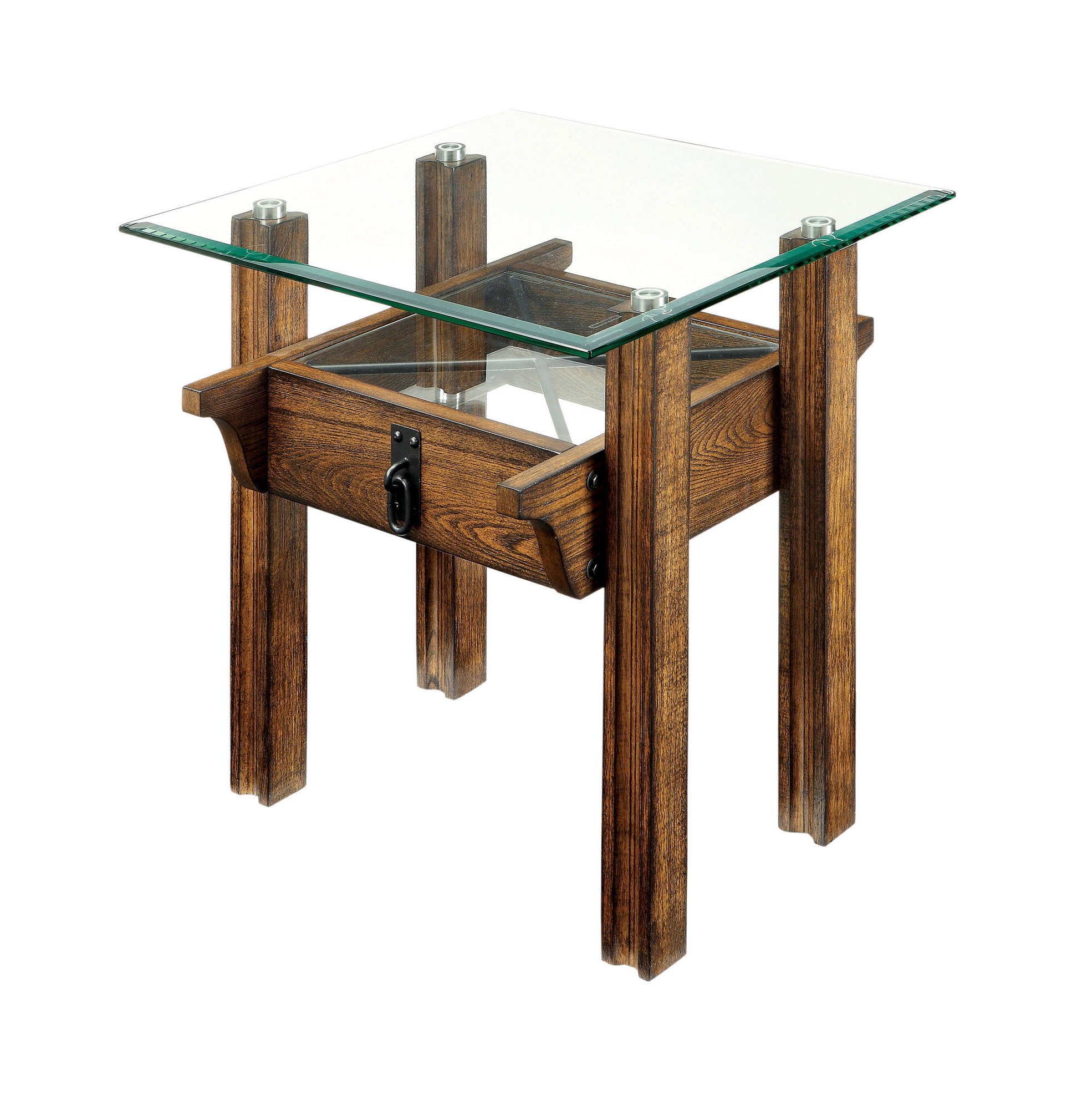 Transitional Wooden End Table with Glass Top and Glass Shelf, Weathered ...