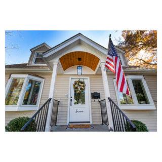 New Portico with Wood Lining & Bay Windows - Transitional - Exterior ...