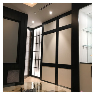 Fabric stretched inside wall panels in media room - Contemporary - Home ...