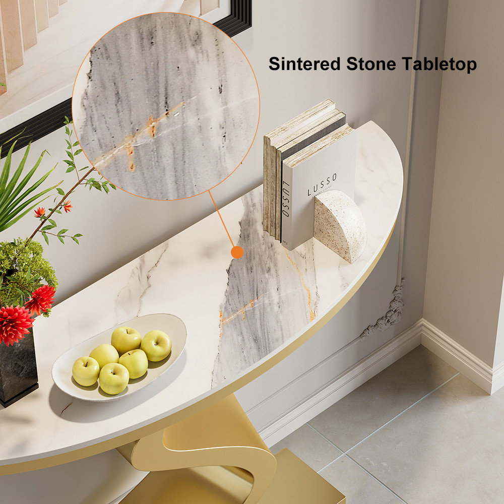 39.4" White/Gold Curved Console Table With Sintered Stone Top Half Moon ...