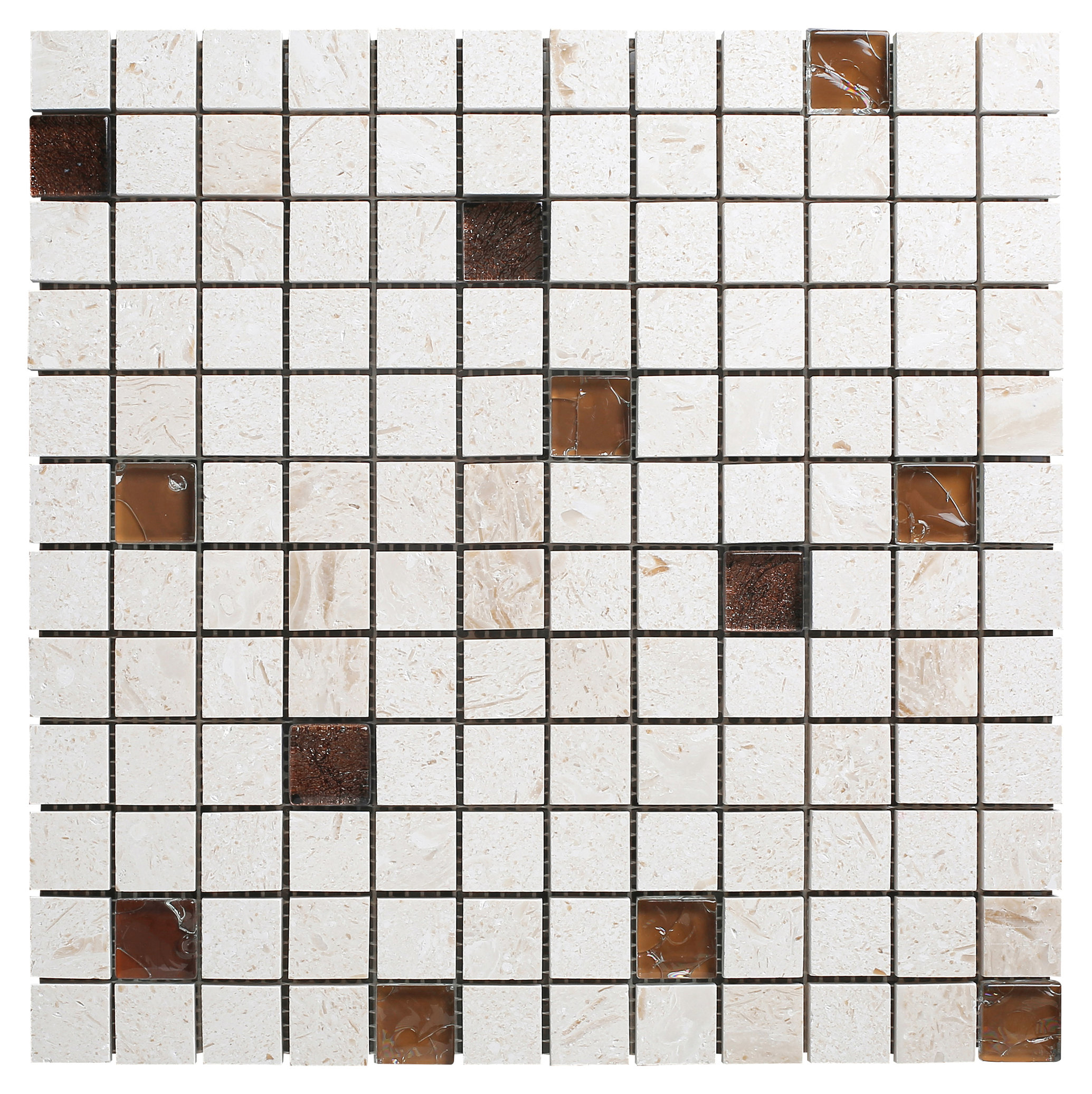Shell Stone Limestone and Brown Glass Mix 1"x1" on 12"x12" Mesh Mosaic ...