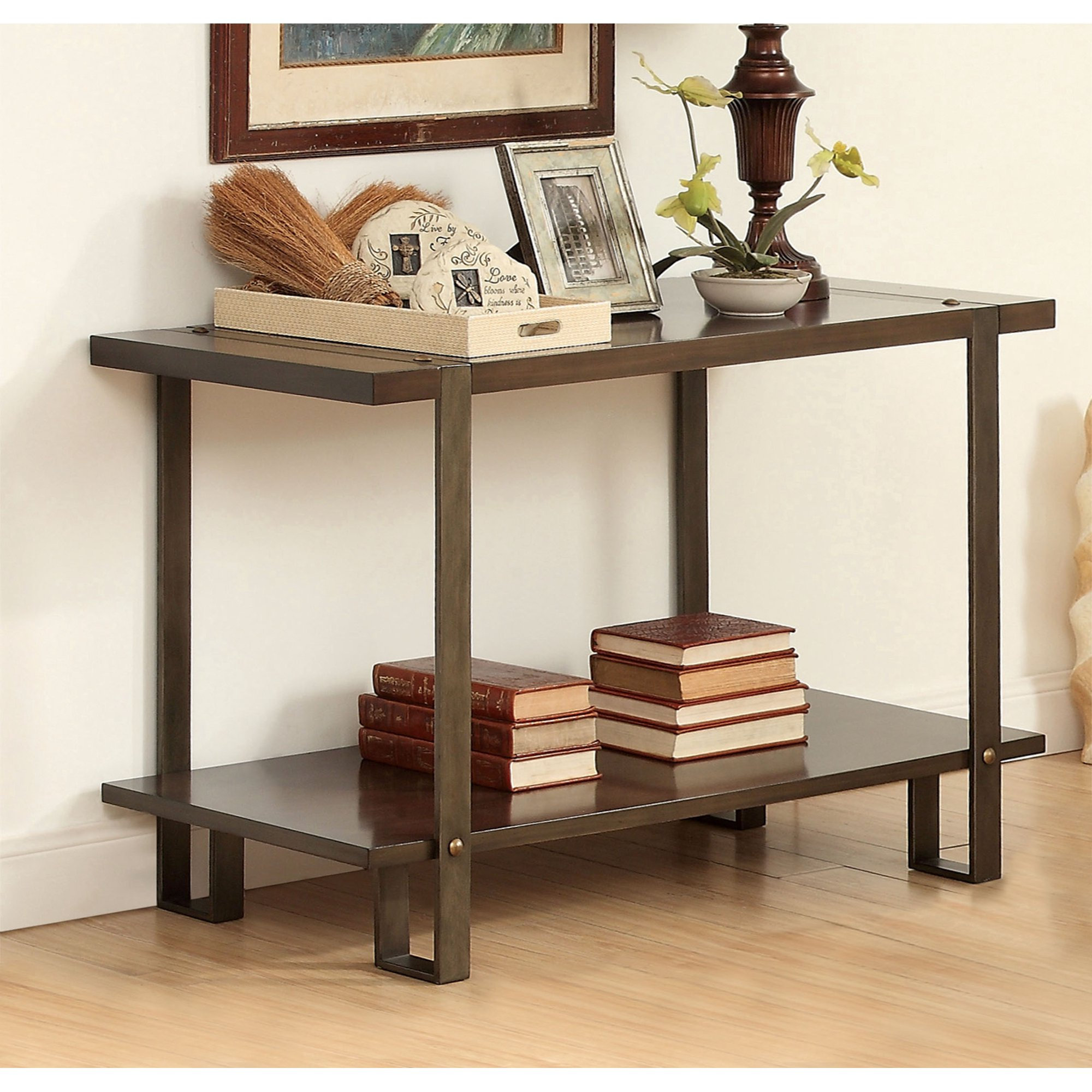 Rustic Console Table, Square Metal Legs With Dark Oak Finished Top ...