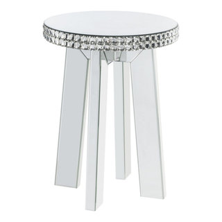Round Mirror Panel Inlay End Table with Faux Crystals Accents, Silver ...