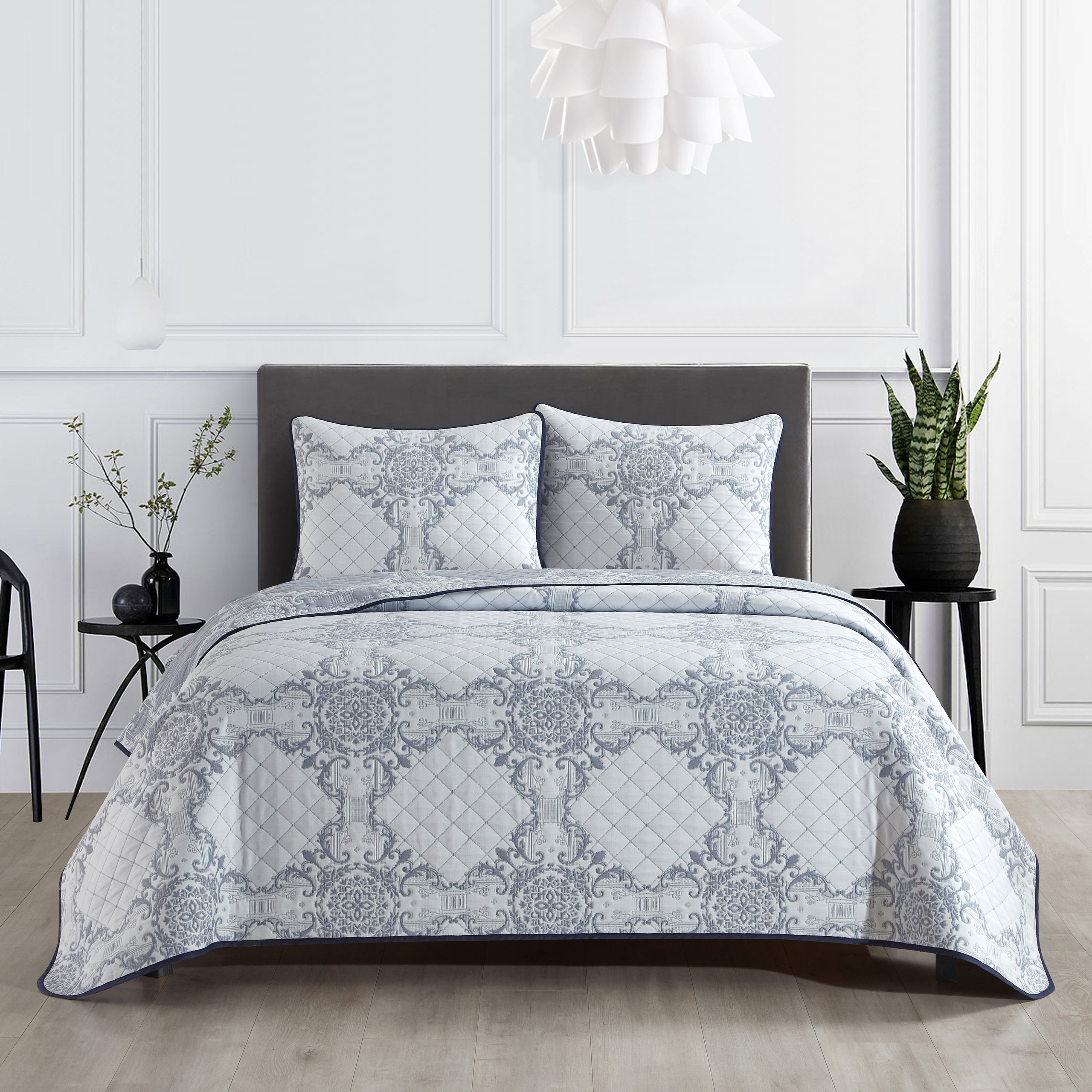 Sharai Damask 3 Piece Quilt Set, Gray, Queen - Traditional - Quilts And ...