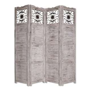 HomeRoots Gray Wash 4 Panel With Scroll Work Room Divider Screen ...