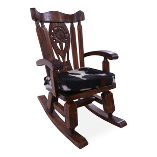 Wooden Rocking Chair Handcarved Back Removable Hair-On Cowhide Pillow ...