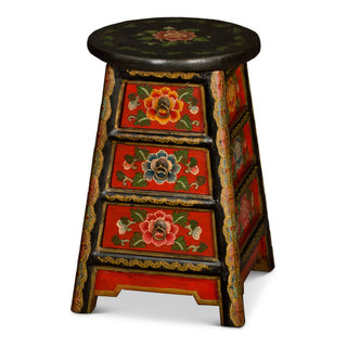 Distressed Red and Black Tibetan Stool With Drawers - Asian - Accent ...