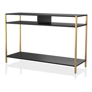 Contemporary Console Table, Golden Frame With Lower Shelf & 2 Cubbies ...