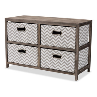 Modern Gray and White Fabric Upholestred Graywashed Wood 4-Basket ...