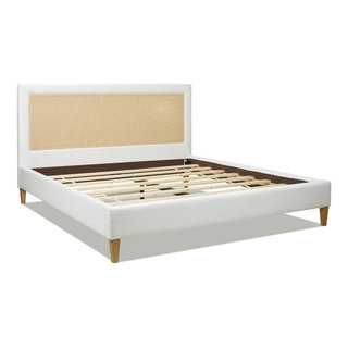 Haley Upholstered Cane Back Platform Bed King Eggshell White Linen - Tropical - Platform Beds ...