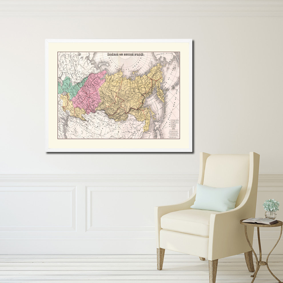 Russia Siberia Old Map Print On Canvas With Frame Art Collection 16" X ...