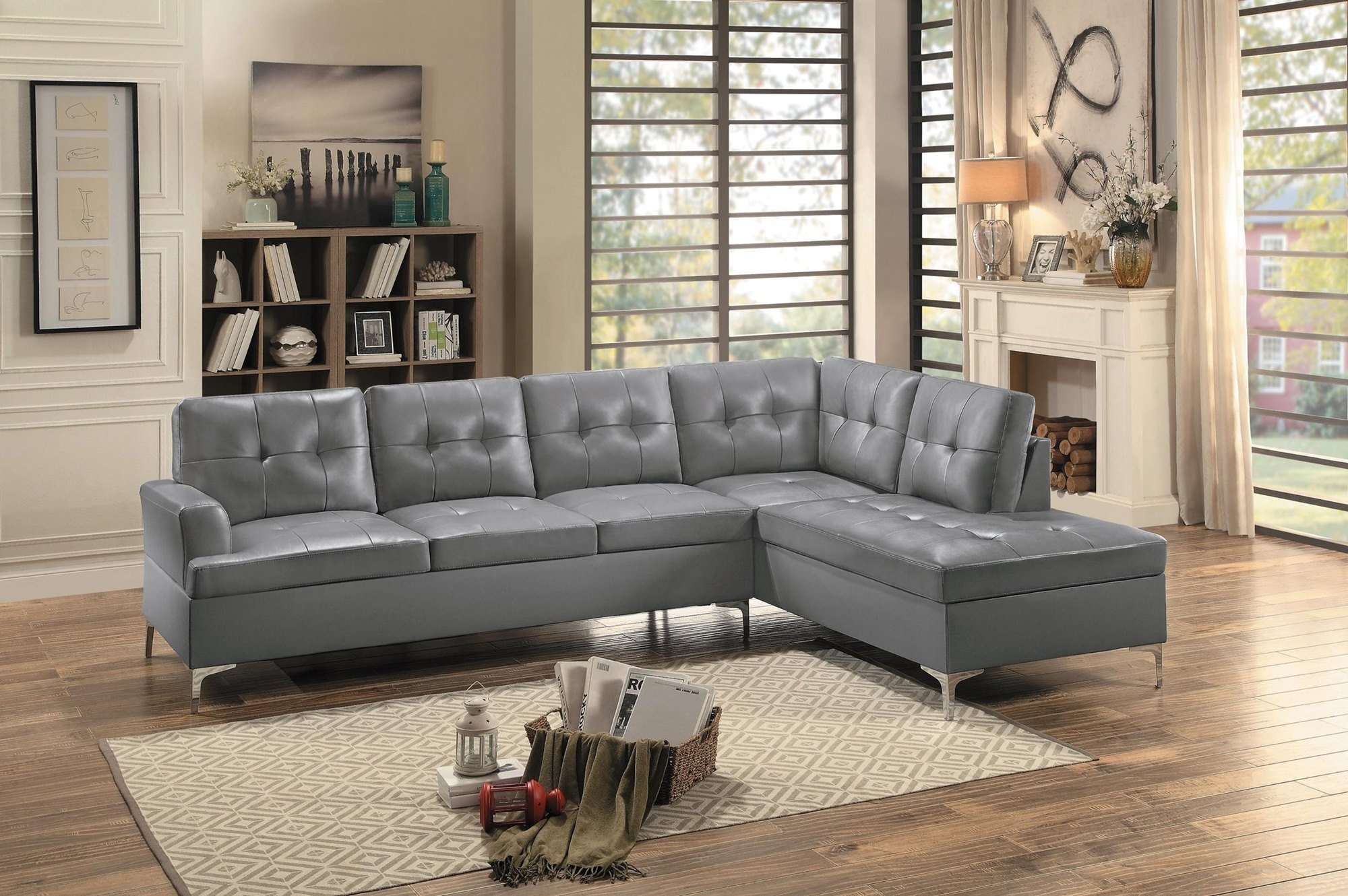 2-Piece Bohner Contemporary 3-Seater and Chaise, Gray Leather ...