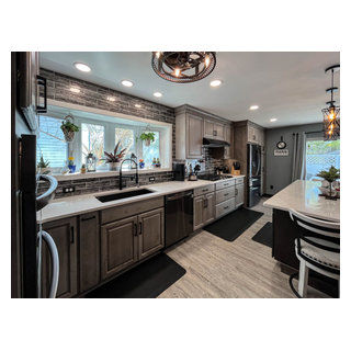Neutral Monochromatic Gray Kitchen with Tiled Backsplash - Transitional ...