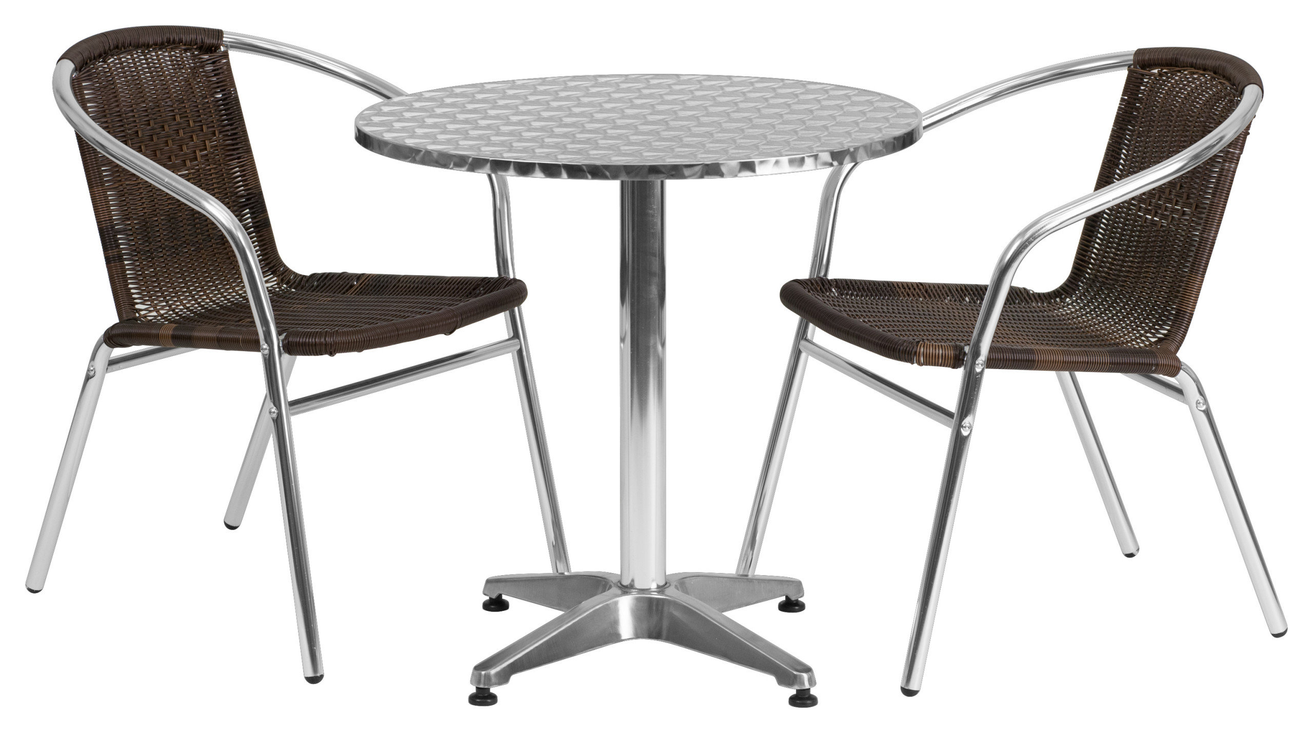 27.5'' Round Aluminum Indoor-Outdoor Table Set with 2 Dark Brown Rattan ...