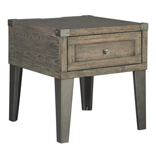 Rustic End Table, Square Top & Storage Drawer With Round Silvertone ...