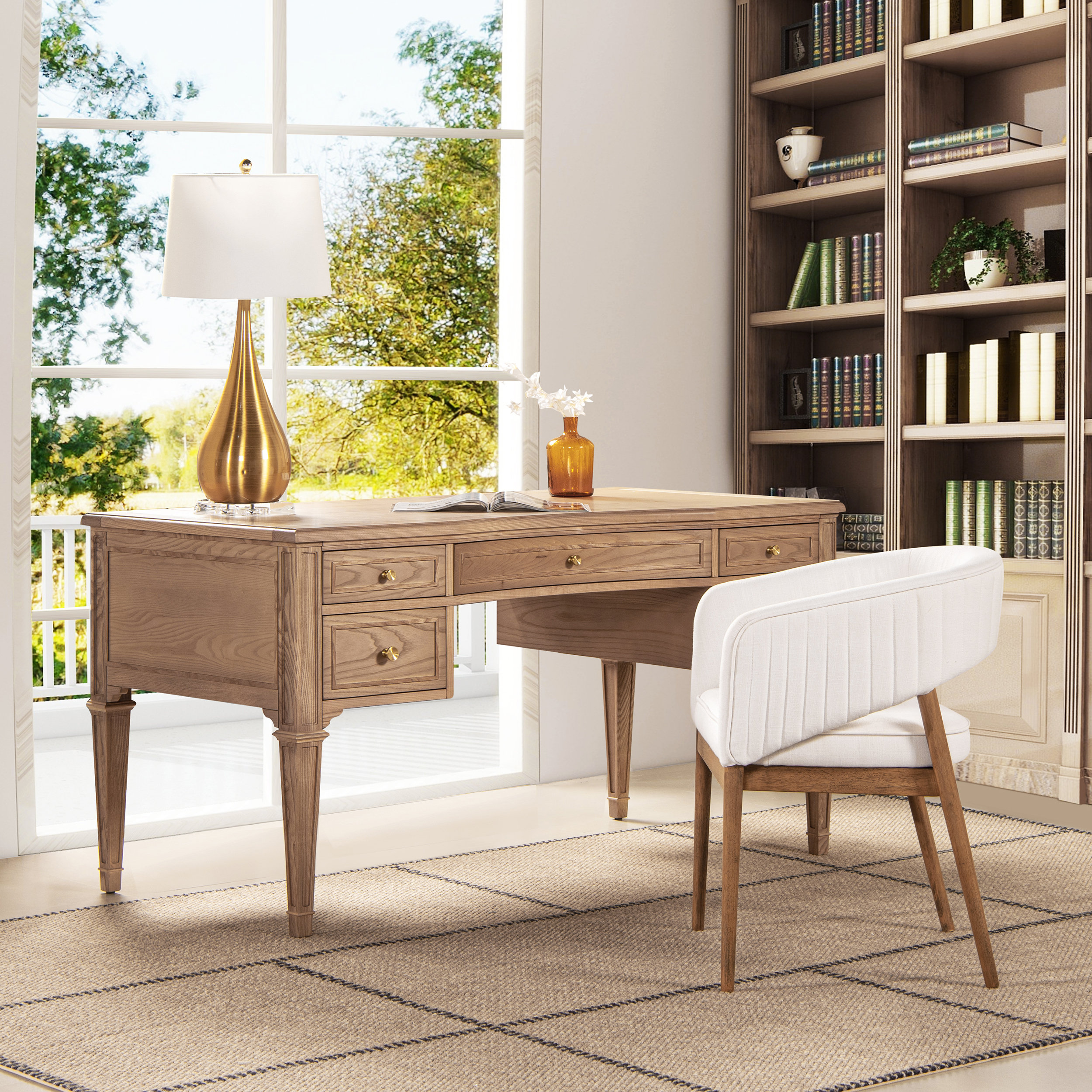 Dauphin Gold Accent 5-Drawer Wood Executive Desk, Natural Brown ...