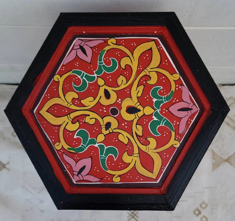 Moroccan Hexagonal Hand Painted Wooden Side Table in Red Zouak ...