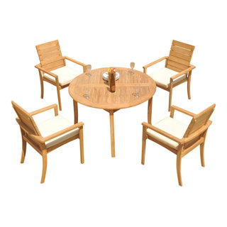 5-Piece Outdoor Teak Dining Set: 48" Round Table, 4 Alps Stacking Arm ...