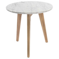 Cherie 15" Round Italian Carrara White Marble Side Table with Oak Legs ...