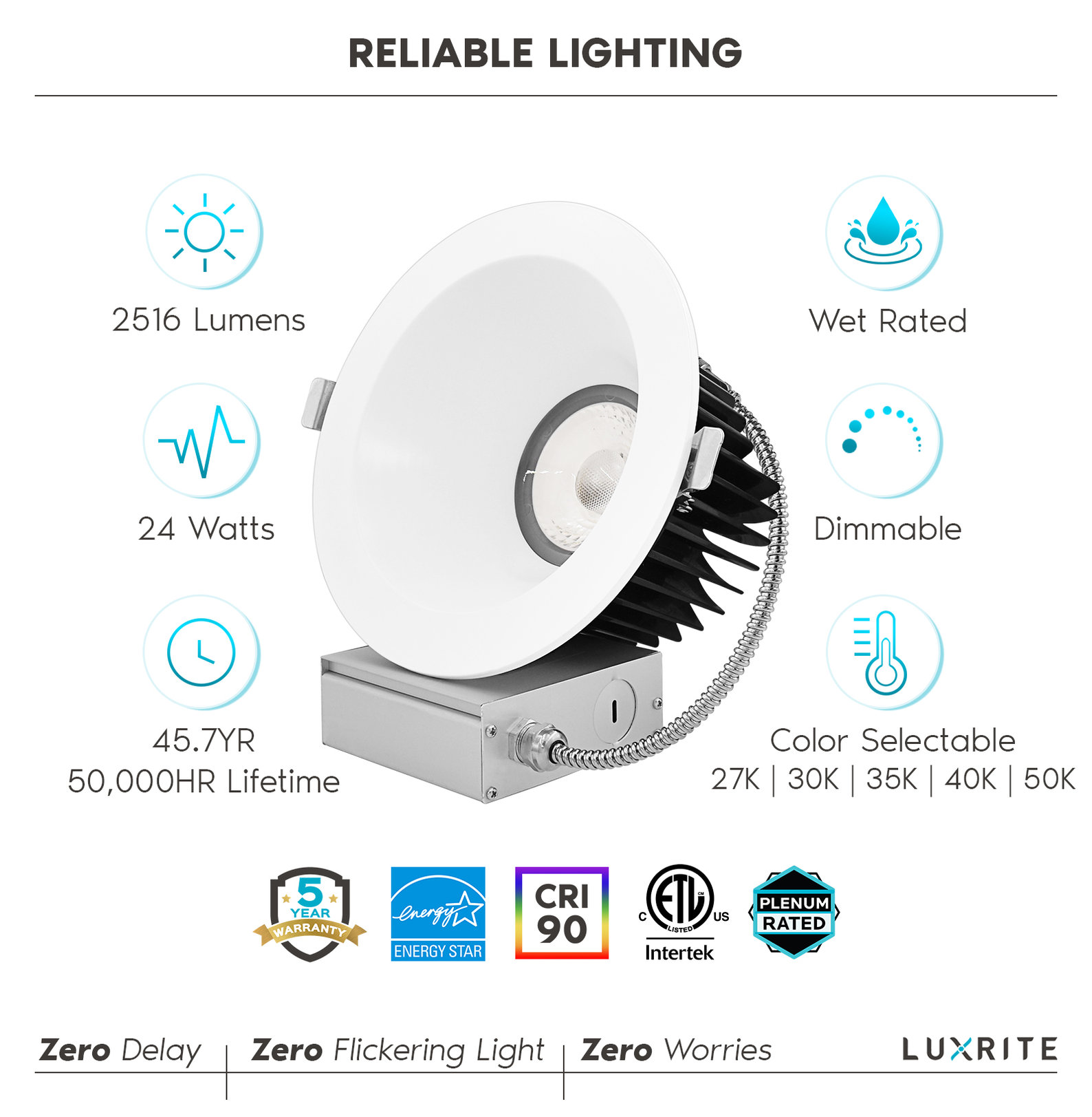 Luxrite 6" LED Recessed Light J-Box 24W 5 Color Selectable - Modern ...