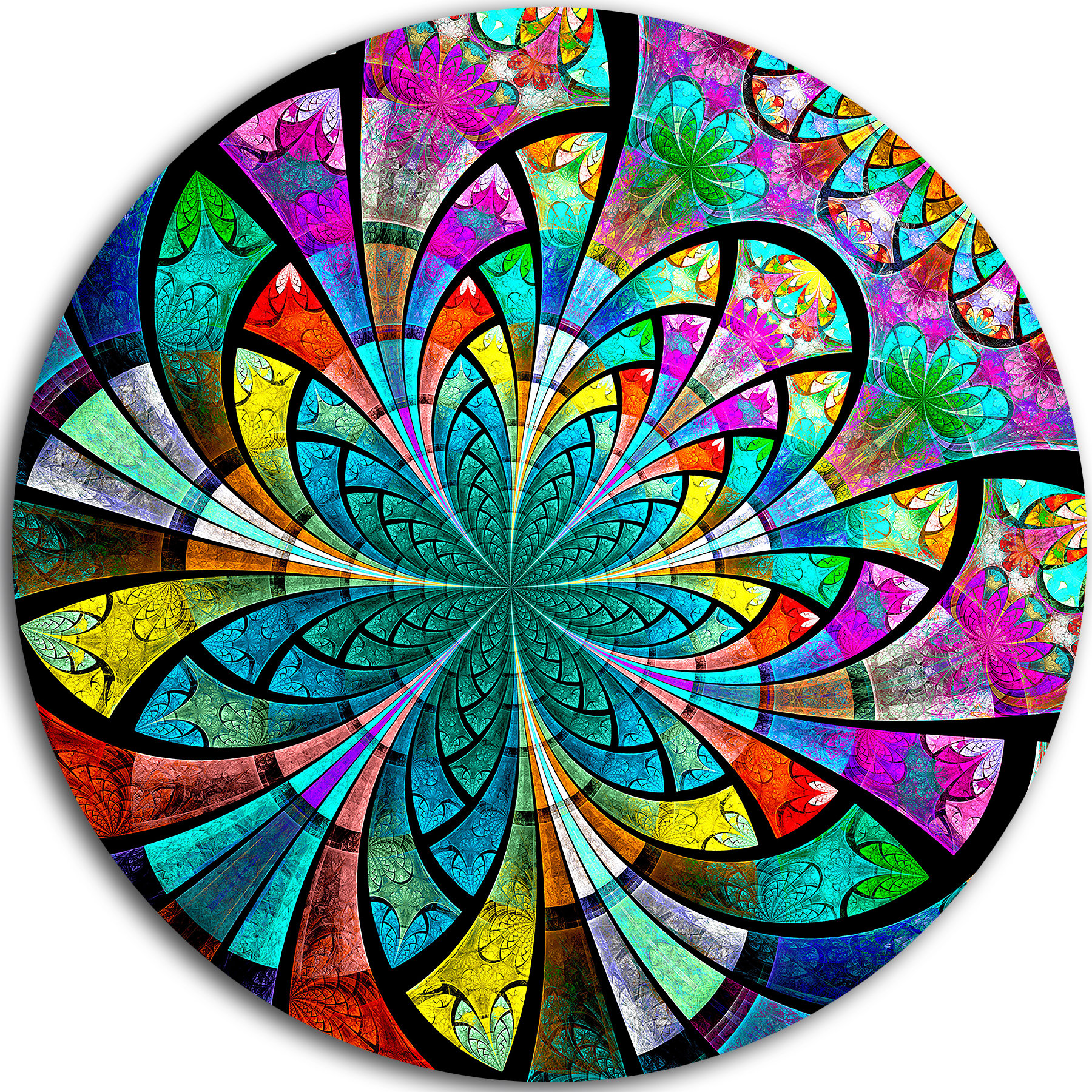 Multi Color Fractal Flower Pattern, Modern Floral Round Wall Art, Disc ...