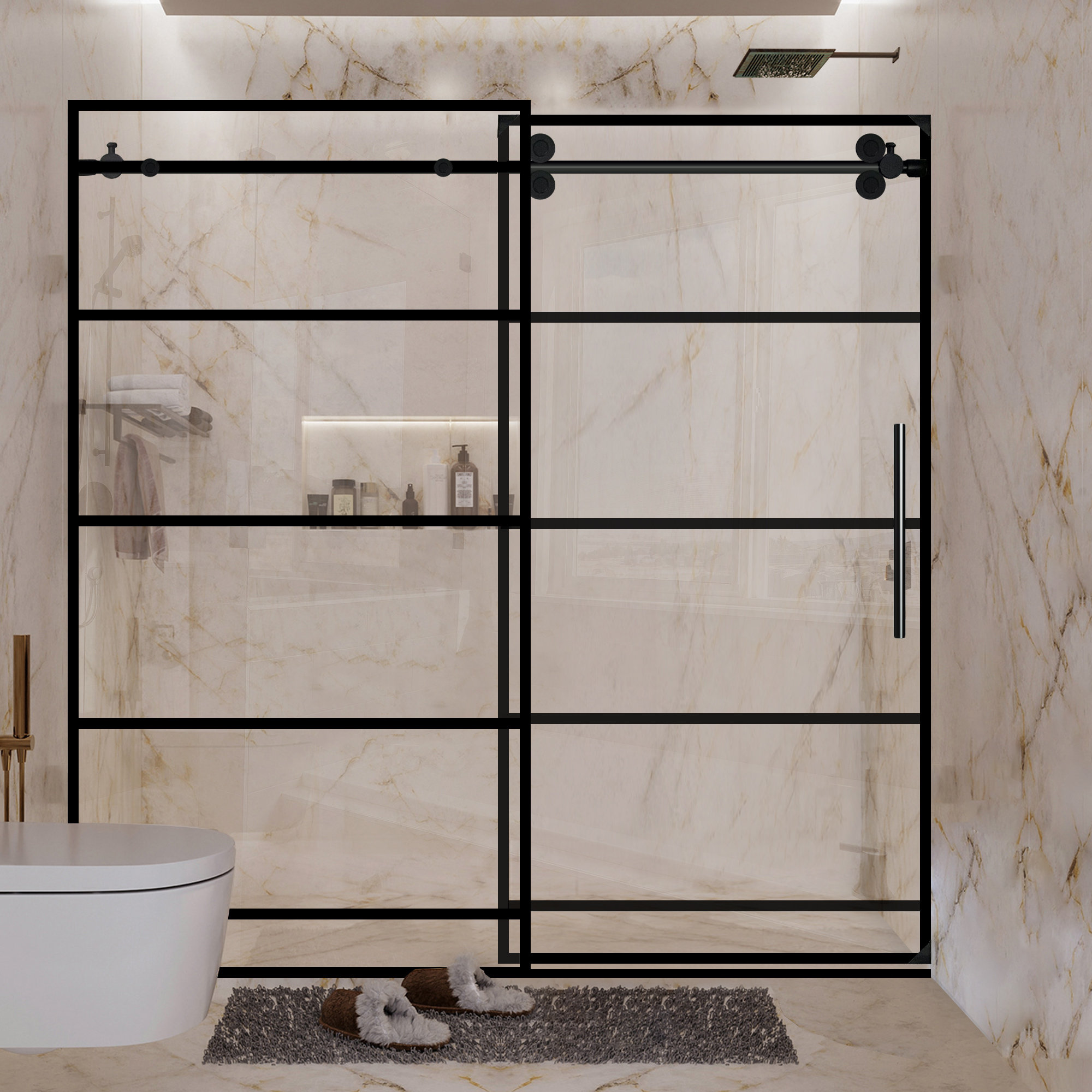 Marcella Single Sliding Matte Black Grid Shower Door, 44"- 48" X 76" - Contemporary - Shower ...