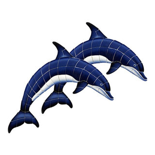 Double Dolphins Ceramic Swimming Pool Mosaic, 43"x33" - Beach Style ...