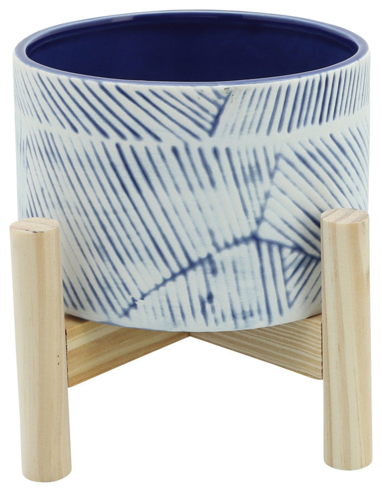 6" Planter With Wood Stand, Navy - Contemporary - Indoor Pots And ...