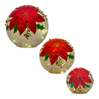 Led Poinsettia Orb (Set Of 3) 5"D, 6"D, 7"D Glass 3 Aaa Batteries Not ...