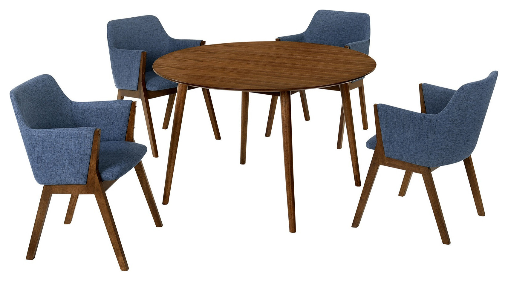 Arcadia and Renzo 48" Round Blue and Walnut Wood 5-Piece Dining Set - Midcentury - Dining Sets ...