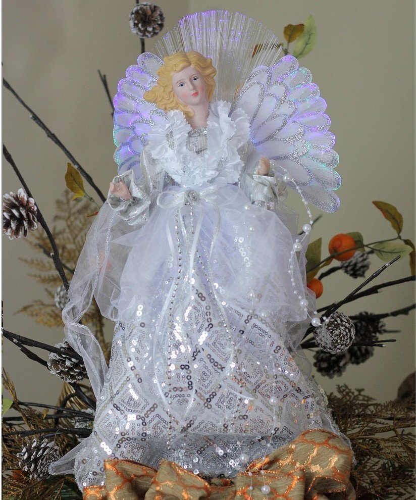 16" Battery-Operated Angel, White and Silver Sequined Gown Christmas ...
