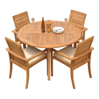 5-Piece Outdoor Teak Dining Set: 52" Round Table, 4 Alps Stacking Arm ...