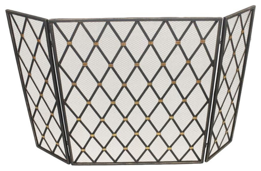 Classic Diamond Pattern Fireplace Screen Bronze Gold Grid Firescreen ...