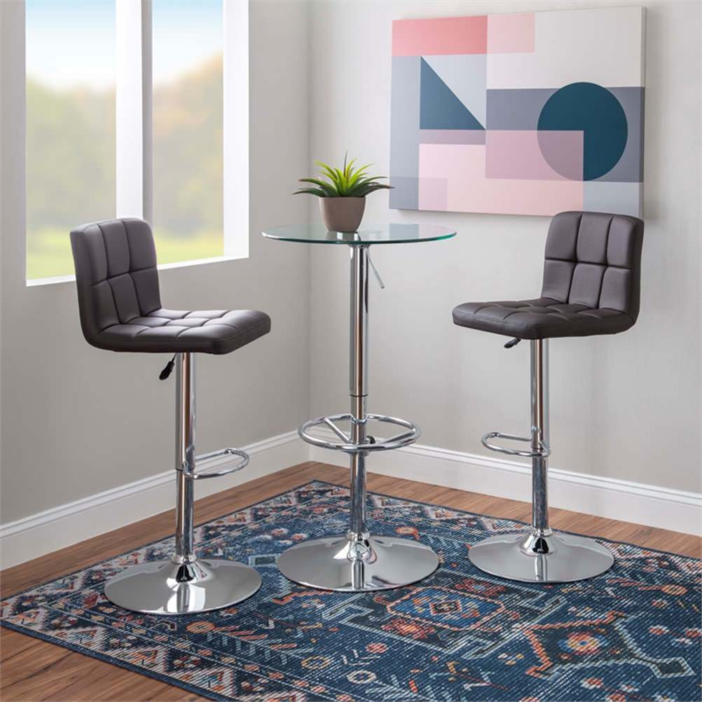 Linon Tate Three Piece Adjustable Pub Table Set in Chrome/Brown Faux ...