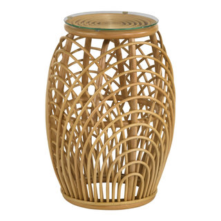Dahlia Round Glass Top Woven Rattan End Table Natural Brown - Tropical ...