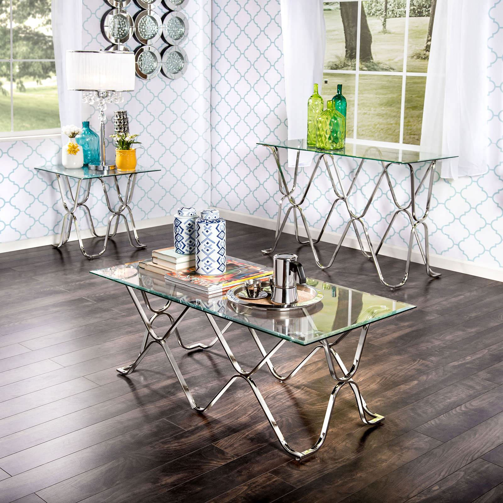 Contemporary Rectagular Glass Top Sofa Table with Metal Tube Base ...