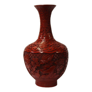 Large Chinese Red Resin Lacquer Round Floral Carving Accent Vase Hws973 ...