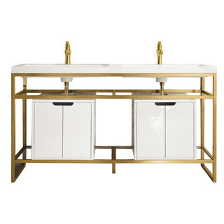 Boston 63" Sink Console Radiant Gold, White Storage Cabinet White ...